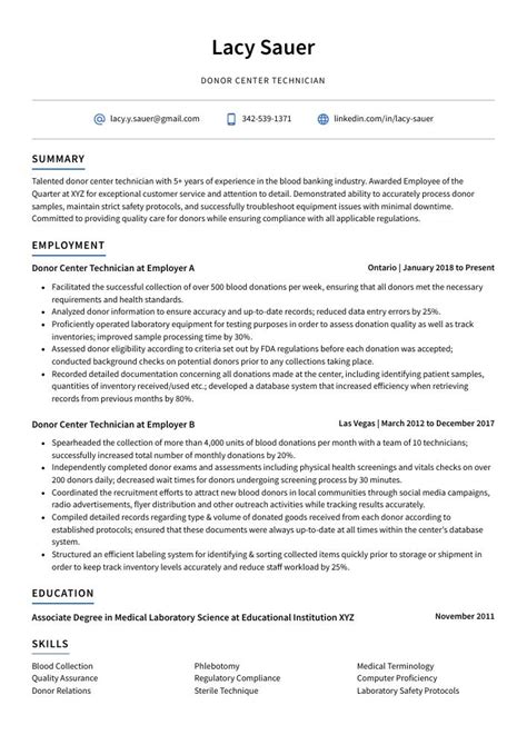 Donor Center Technician Resume Cv Example And Writing Guide