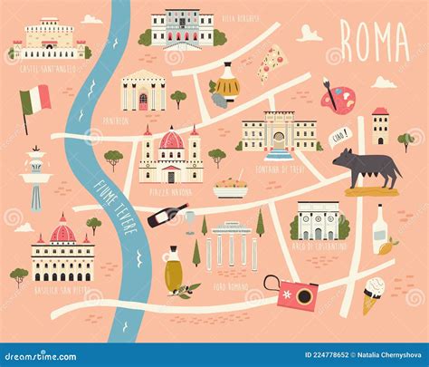 Illustrated Map Of Rome With Famous Symbols Landmarks Buildings Vector Illustration