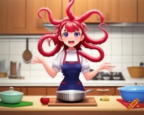 Playful Woman With Tentacle Hair Hosting Cooking Show In Modern Kitchen