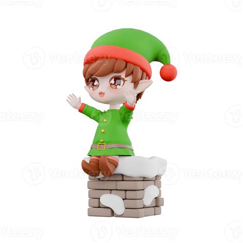 Chibi Elf Cartoon Christmas Model A Male Chibi Elf Sits On A Chimney With His Arms Out To Each
