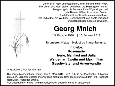 Traueranzeigen Von Georg Mnich Trauer In Nrw De