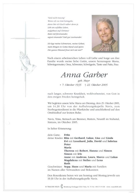 Todesanzeige Anna Garber Heidegger Bestattung Heidegger Bestattung