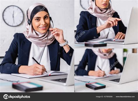 Collage Arabian Interpreter Headset Pointing Finger Writing Notebook
