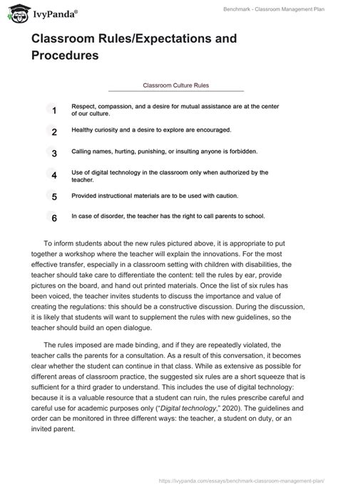 Benchmark Classroom Management Plan 1148 Words Essay Example