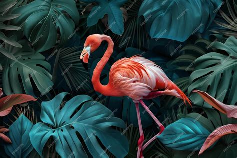 One Tropical Famingo Surrounded By Exotic Leaves By Paul Barson Color