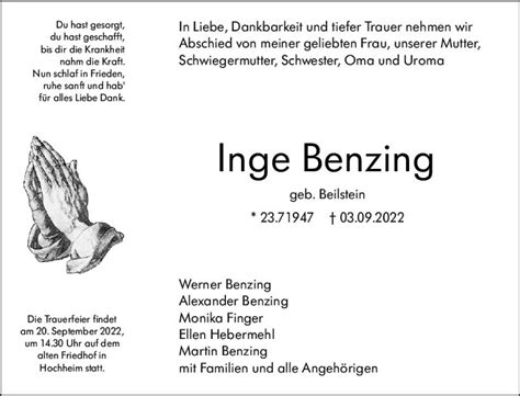 Traueranzeigen Von Inge Benzing Vrm Trauer De