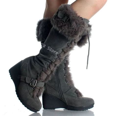 Gray Fur Decor Fleece Flock Boots Round Toe Lace Up Wedges Heels Women