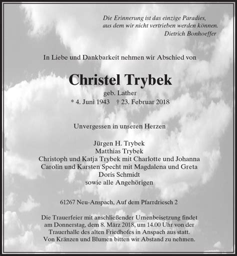Traueranzeigen Von Christel Trybek Vrm Trauerde