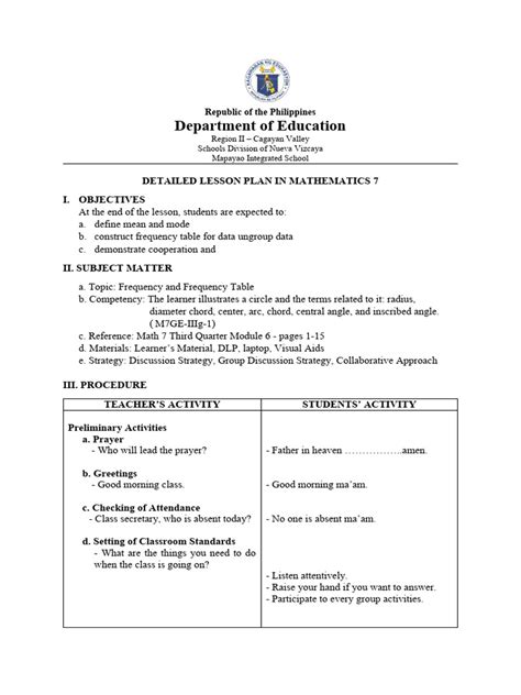 Detailed Lesson Plan In Mathematics 7 Data Gathering Pdf Circle