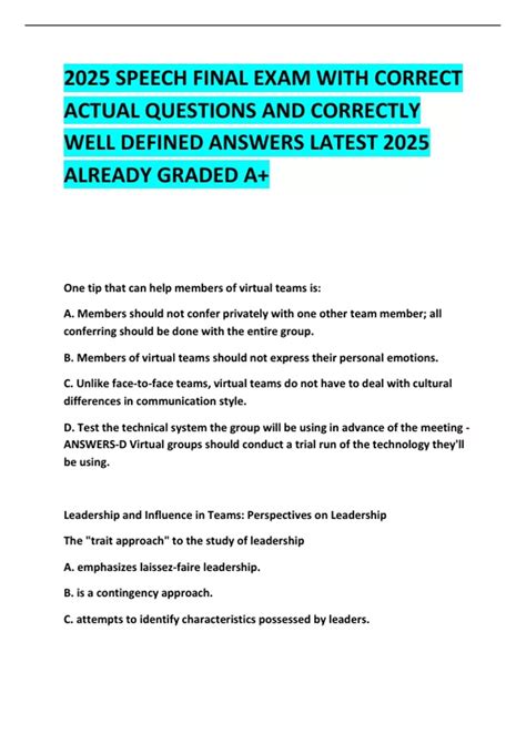 2025 Speech Final Exam With Correct Actual Questions And Correctly Well Defined Answers Latest