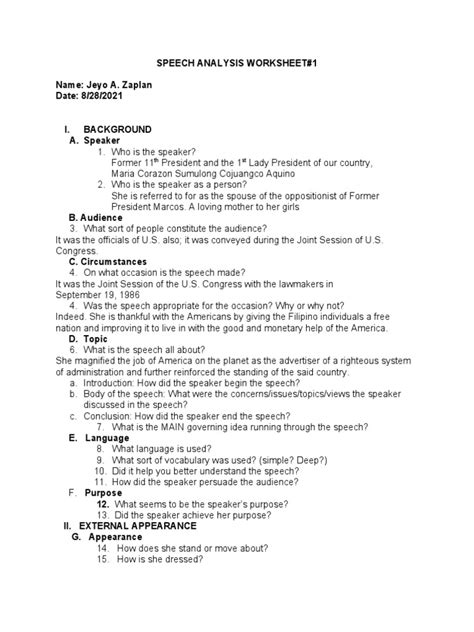 Speech Analysis Worksheet Pdf Corazon Aquino Speech
