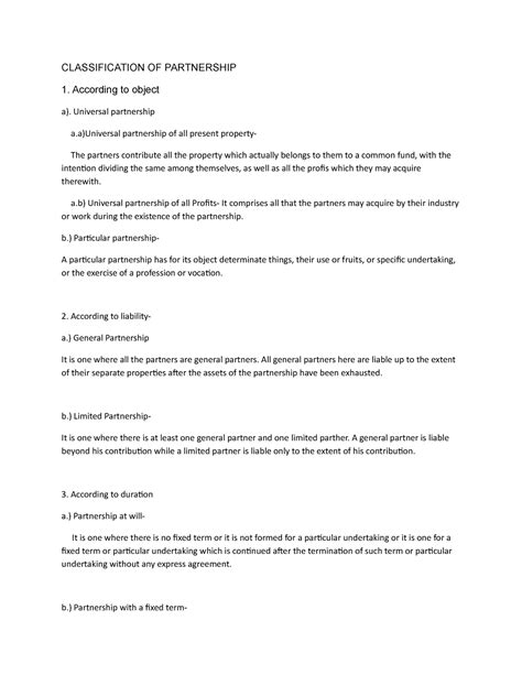 Classification Of Partnership Classification Of Partnership 1 According To Object A