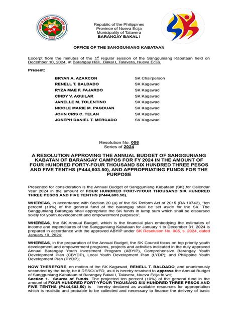 Sk Resolution No 006 Annual Budget 2024 Pdf Economies Government