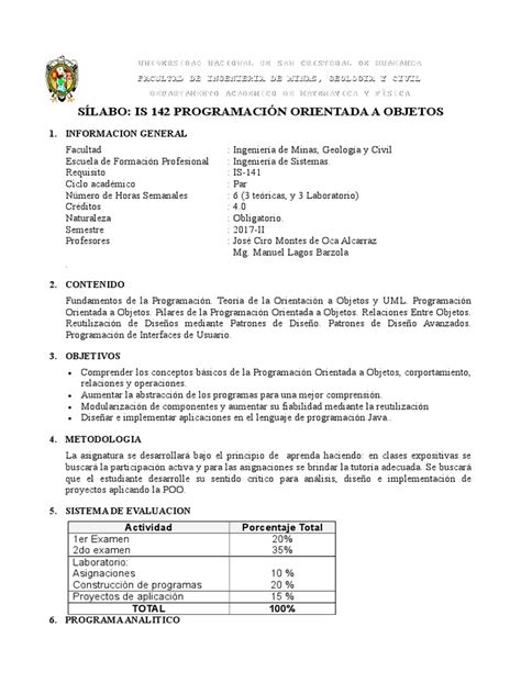 Silabo De Poo Pdf Objeto Informática Programación Orientada A Objetos