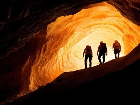Adventurous Explorers Traverse Glowing Cave Passageway At Dusk