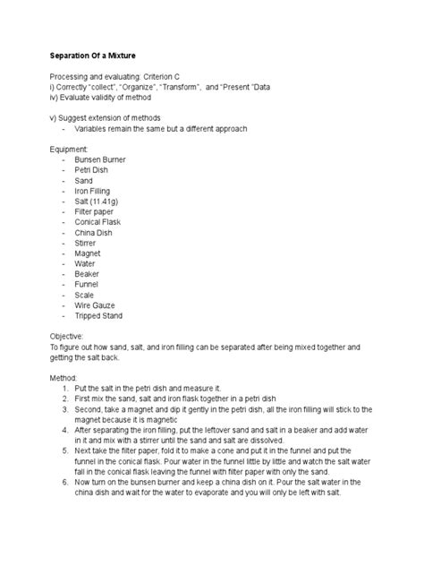 Seperation Of A Mixture Science Pdf Water Salt