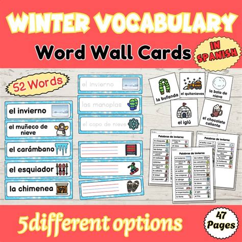 Spanish Winter Vocabulary Activities Word Wall Cards Tracing
