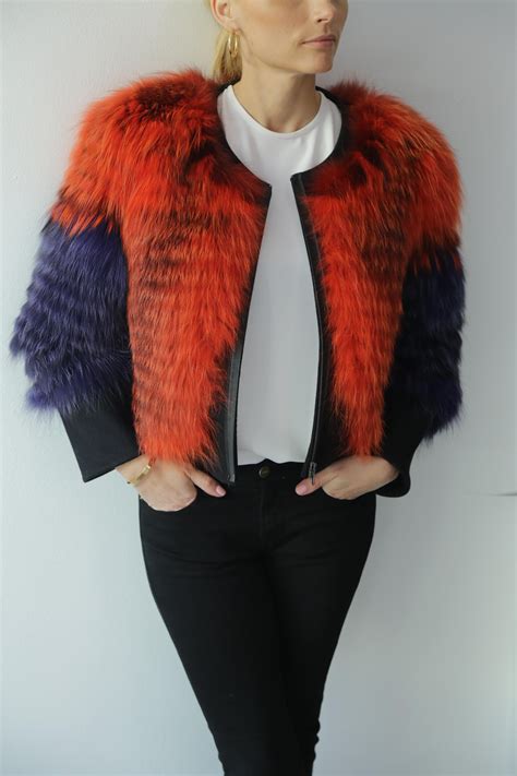 Thakoon Purple And Orange Collarless Fox Fur Jacket For Sale At 1stdibs