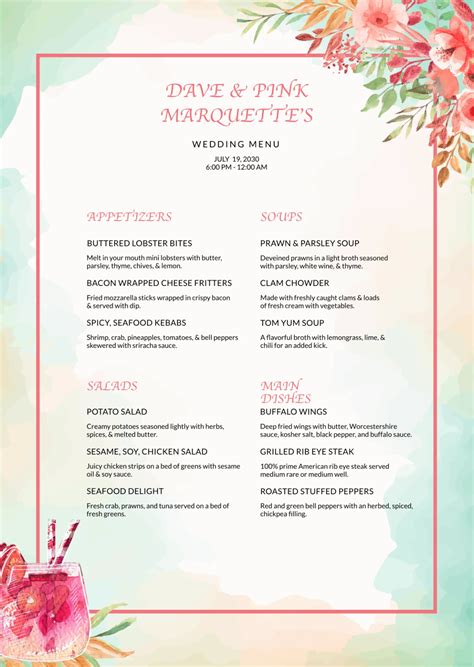 Free Wedding Menu Templates Editable And Printable