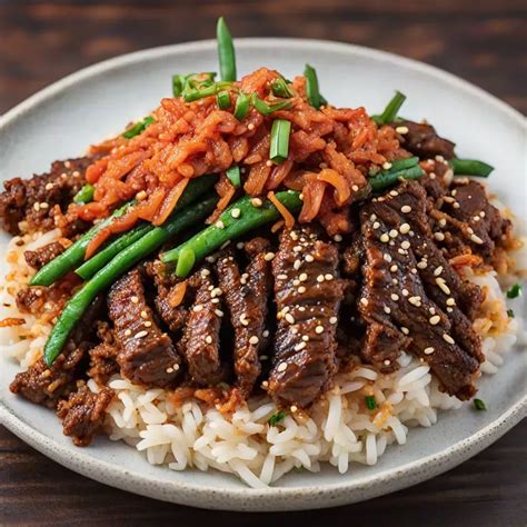 Spicy Korean Beef Bulgogi With Kimchi Fried Rice And Sesame Green Beans