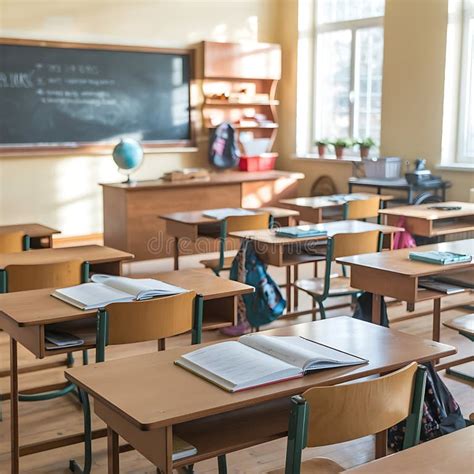 Empty Classroom With Tables And Chairs Bags And School Elements By Ai Generated Stock