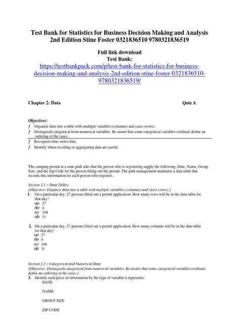Test Bank For Statistics For Business Decision Making And Analysis 2nd