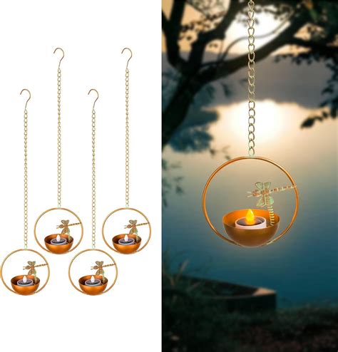 Solar Lanterns Outdoor Waterproof 4 Pack Hanging Tea Lights With Candle Holder Small Solar
