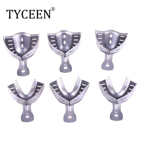 6 개대 치과 인상 트레이 조정 가능한 스테인레스 스틸 Autoclavable 치아 트레이 치아 홀더 치과 도구 크기 L M