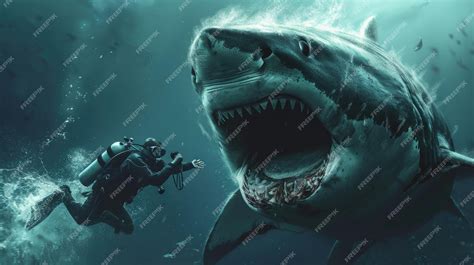 Premium Photo Great White Shark With Open Mouth Attacks Diver
