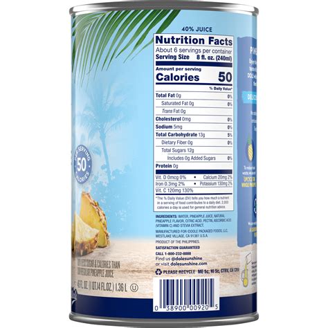Dole Juice Nutrition Facts Dole Juice 100 Pineapple 46oz Ebay