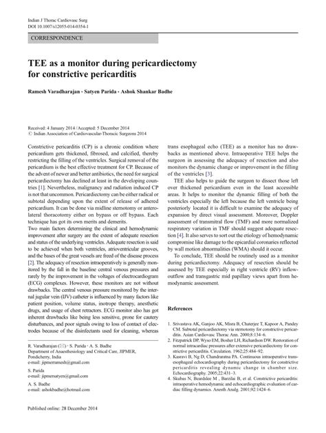 Pdf Tee As A Monitor During Pericardiectomy For Constrictive Pericarditis