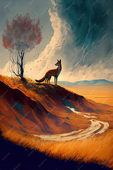 A Fox On A Hill With A Tree In The Background Premium Ai Generated Image
