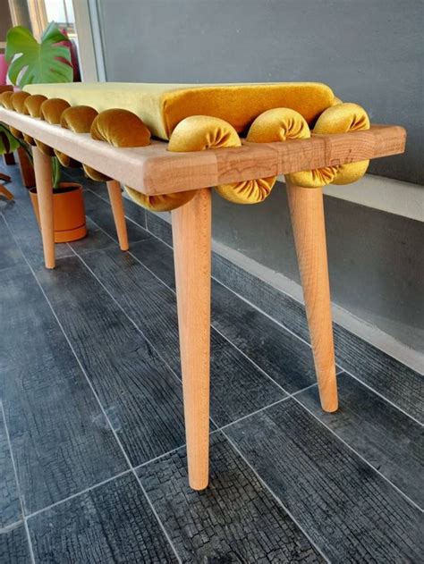 Mustard Yellow Straight Wavy Velvet Fabric Wooden Bench Mid Century