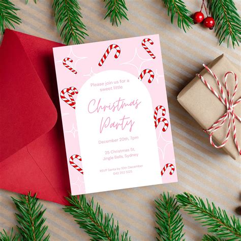 Candy Cane Christmas Party Invitation Pink Holiday Invite Digital