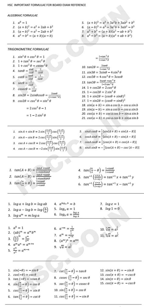Formula Sheet Hsc Standard Maths At Audrey Brabyn Blog