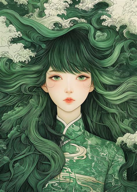Green Haired Woman With Cloud Hair Poster Picture Metal Print