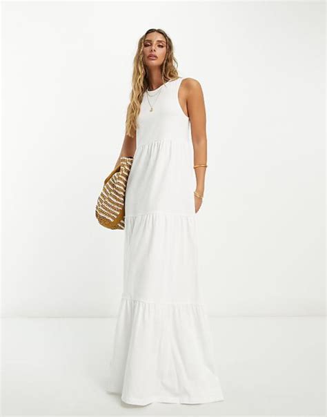Asos Design Sleeveless Tiered Maxi Dress In White Asos