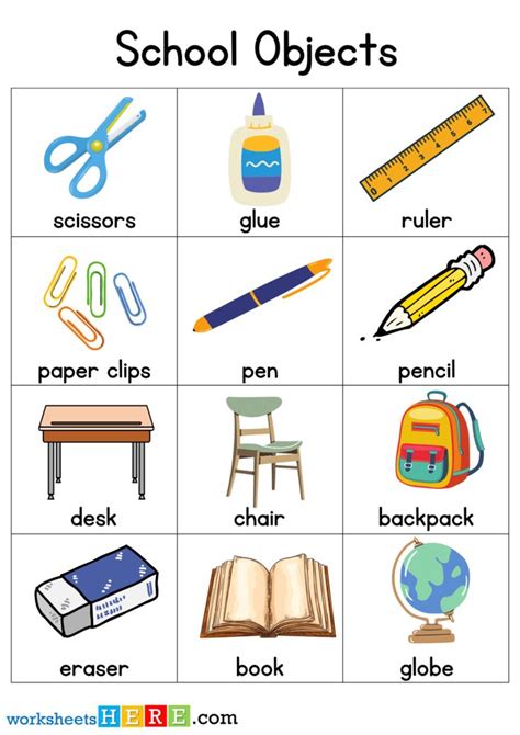 35 School Classroom Objects Flashcards With Pictures Worksheets For