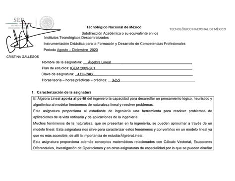 Instrumentacion Algebra Lineal 376 Formato Tec Nmx Estandar E0772 Tecnológico Nacional De