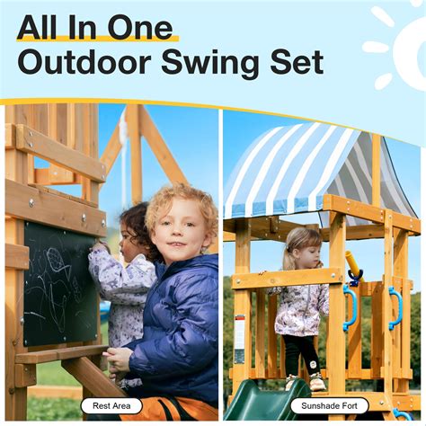 Robud Wooden Swing Sets For Backyard With Two Swings Slide Rock