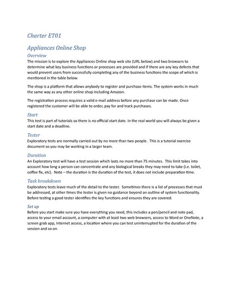 Exploratory Test Charter Tutorial Appliances Online Shop 1 Charter Et