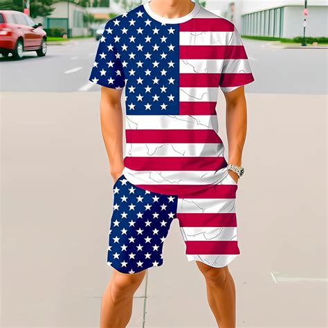 Patriotic T Shirt And Shorts Set Red And White Stripes With Blue Stars