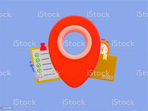 3d 만화 제품 배달 소포 운송 상품 유통 발송을위한화물 준비 화물 스톱워치 주문 클립보드 및 펜이 있는 위치 아이콘입니다 3d 렌더링 그림입니다 0명에 대한 스톡 사진 및