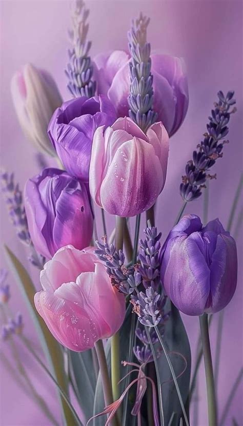 Purple Tulips And Lavender Flowers In A Vase Diy Flower Arrangement