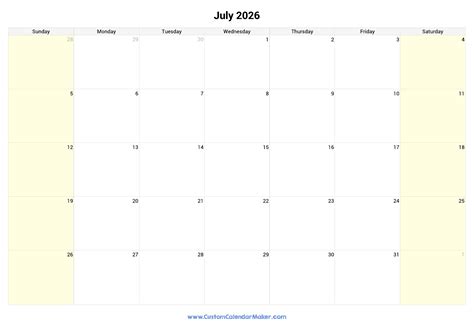 July 2026 Calendar Printable With Highlighted Weekends Custom