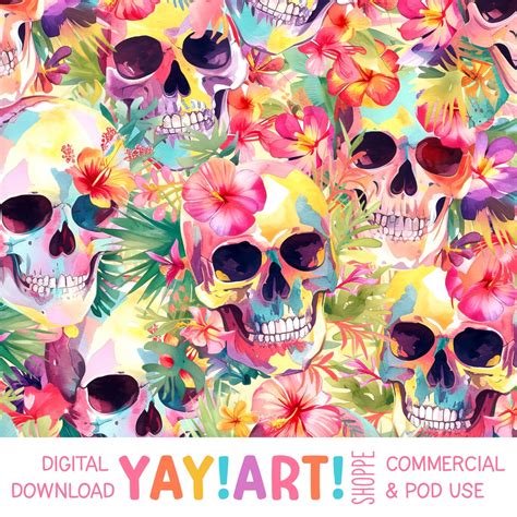 Tropical Skulls Seamless Pattern Creepy Cute Summerween Repeat Patten