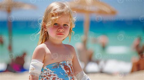 Adorable Blonde Girl Enjoying A Sunny Day At The Beach With Blurred
