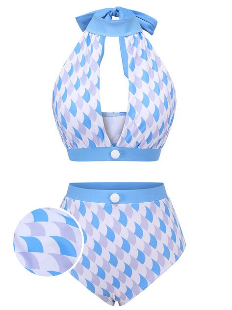 Blue 1940s Hole Collar Halter Swimsuit Retro Stage