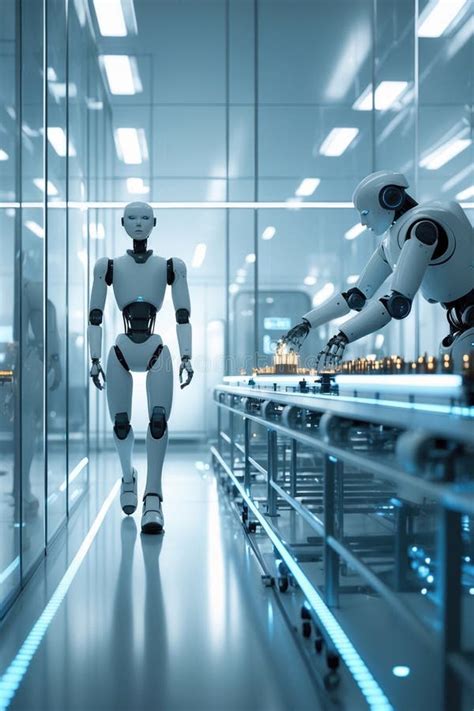 Automated Future Robots In A Modern Factory Setting Performing Assembly