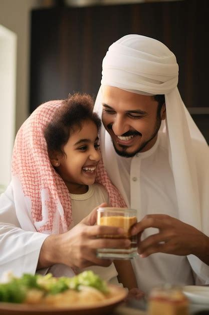 Premium Ai Image Happy Loving Arab Dad And Daughter Eating Sandwiches